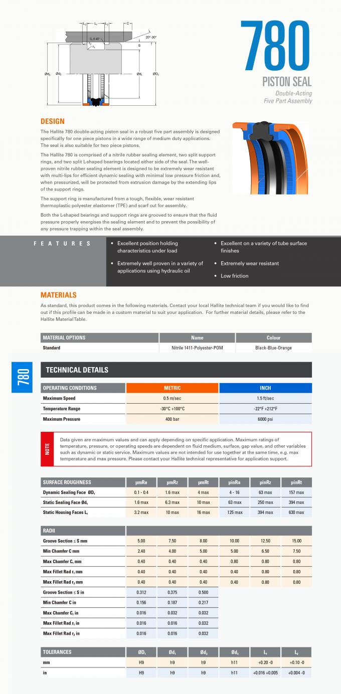 Original 5 Piece Hallite 780 Double Acting Piston Seal For Excavator Hydraulic Cylinder